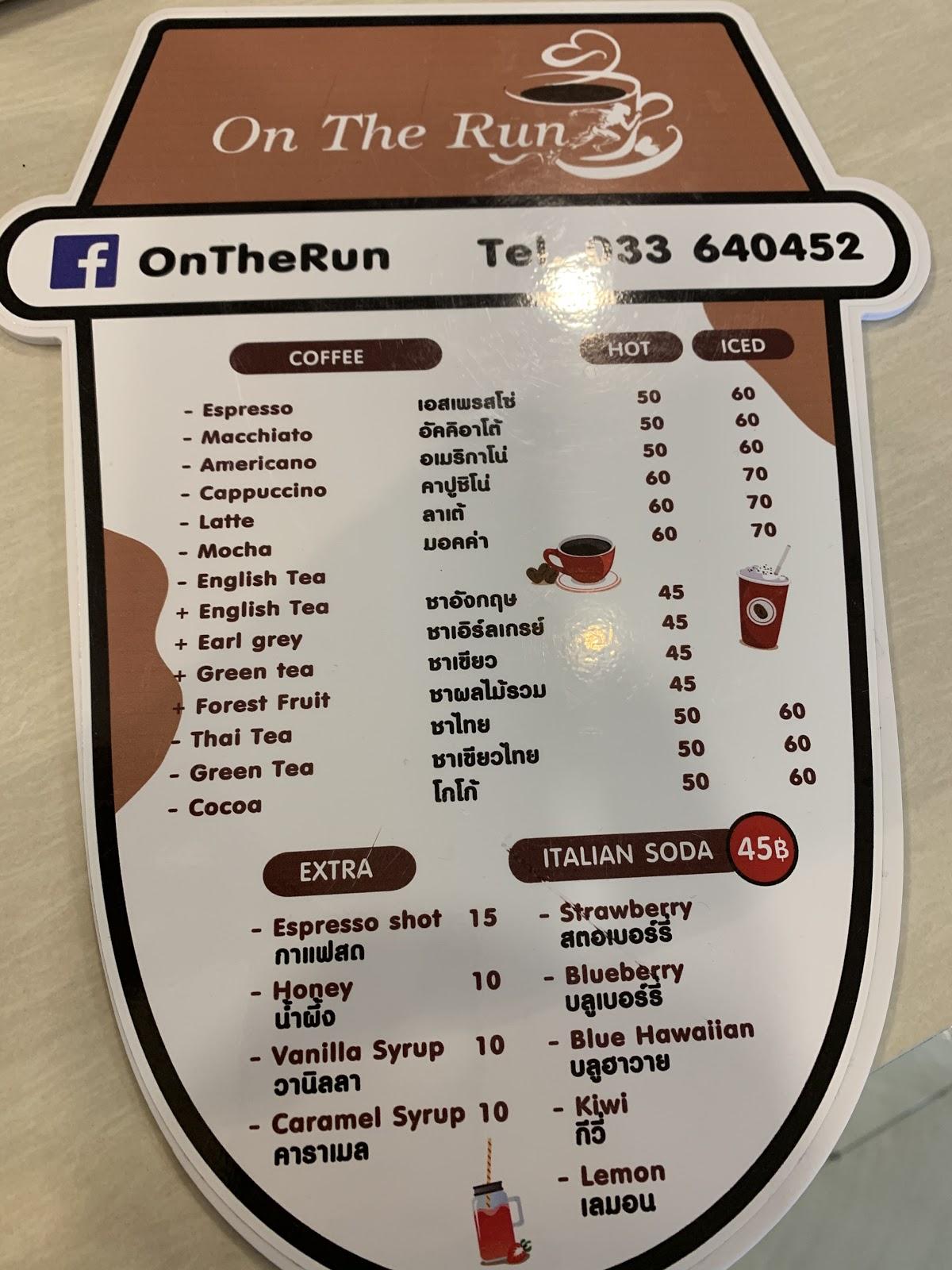 Menu at On The Run Cafe, Pattaya City