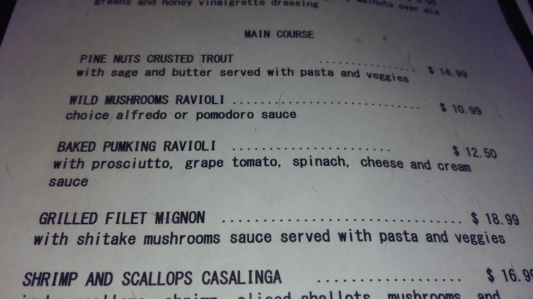 Menu at Piccolino restaurant, Santa Fe