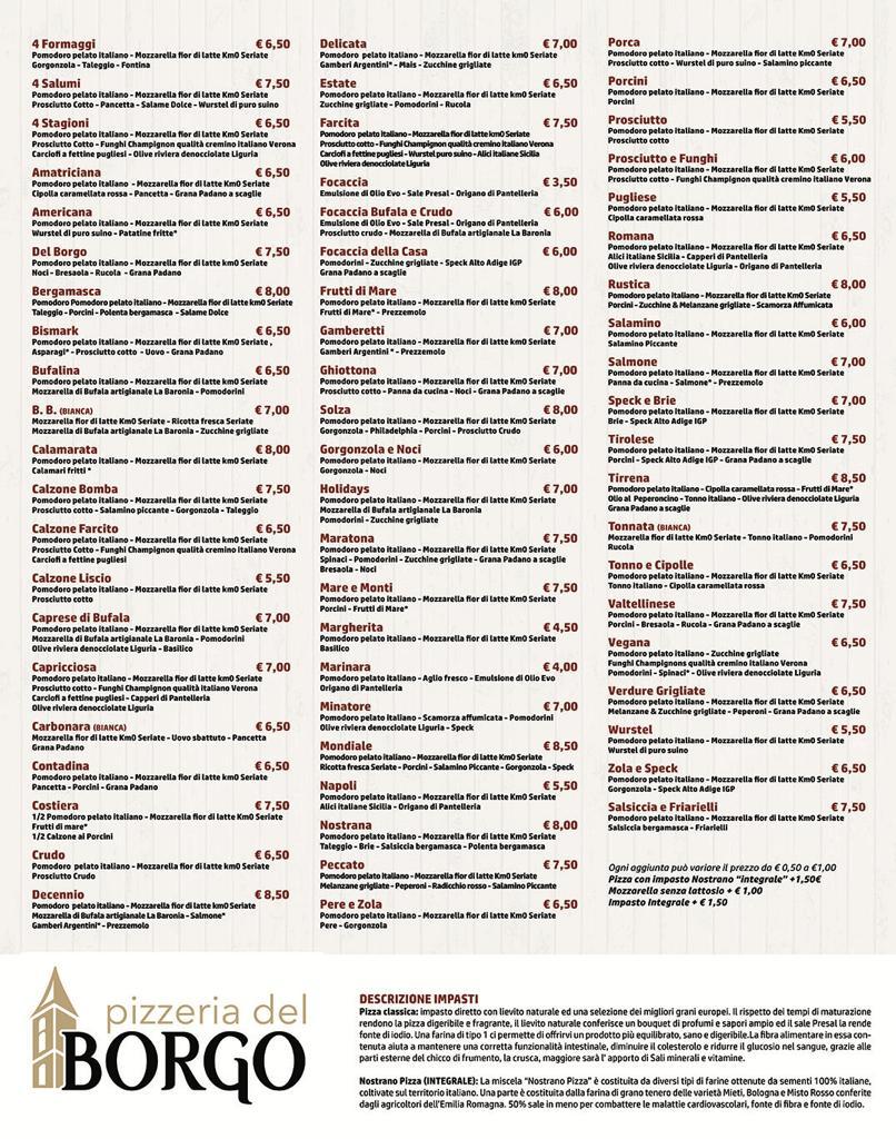 Menu da Pizzeria del Borgo, Solza