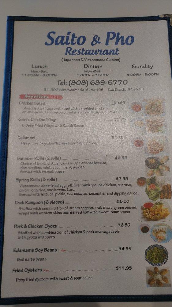 Menu at Saito and Pho Restaurant, Ewa Beach