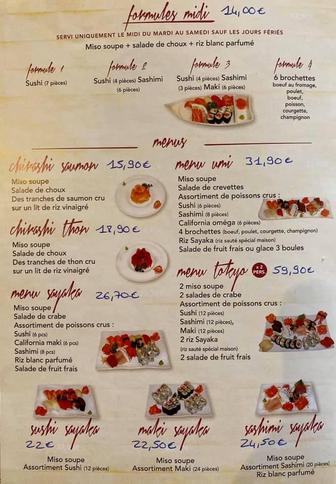 Menu at Sayaka restaurant, Gaillac