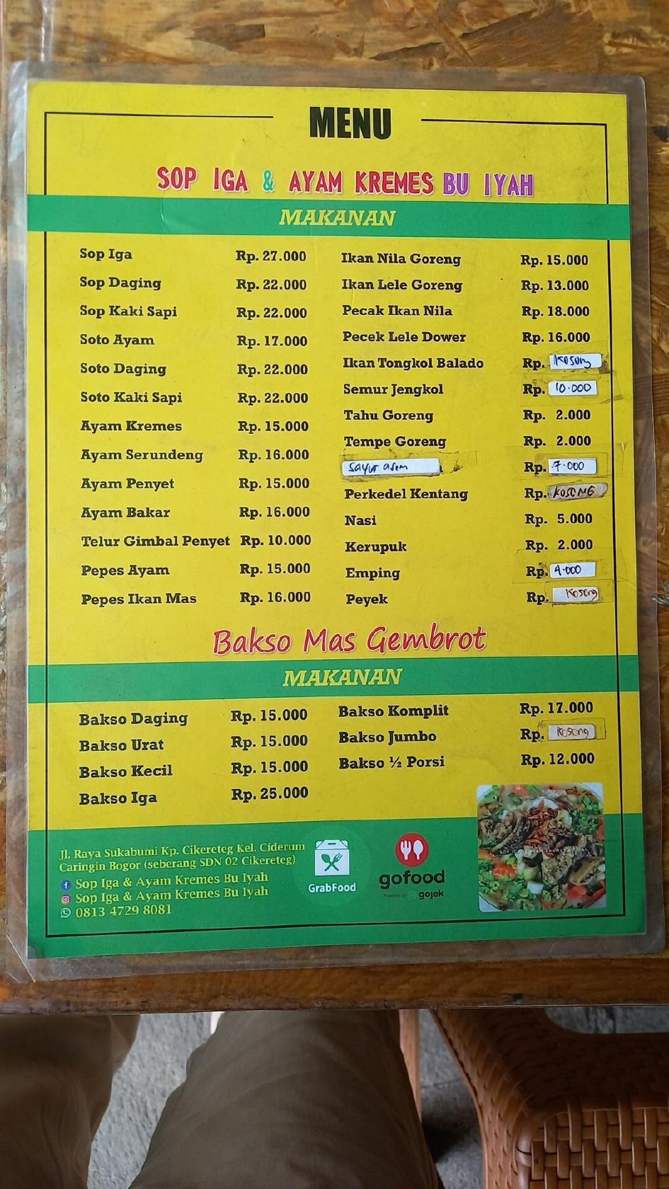 Menu at Sop Iga & Ayam Kremes Bu Iyah restaurant, Indonesia