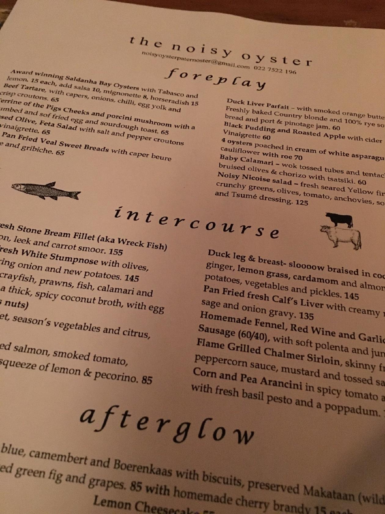 Menu at The Noisy Oyster restaurant, Paternoster
