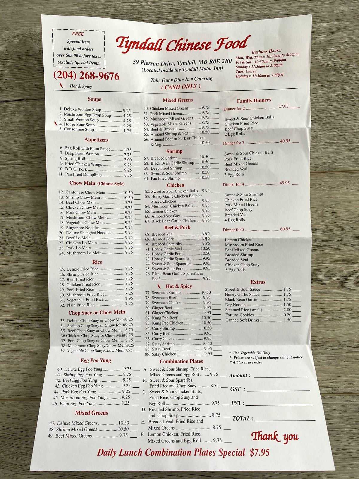 Menu at Tyndall Chinese Food restaurant, Canada