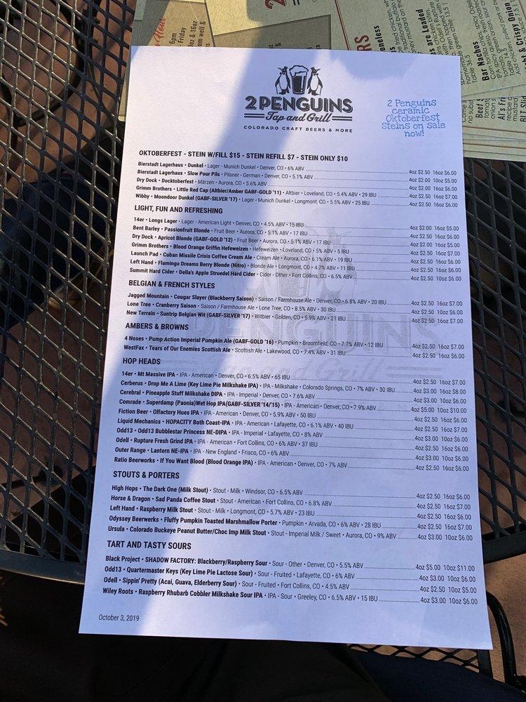 Menu at 2 Penguins Tap and Grill pub & bar, Centennial
