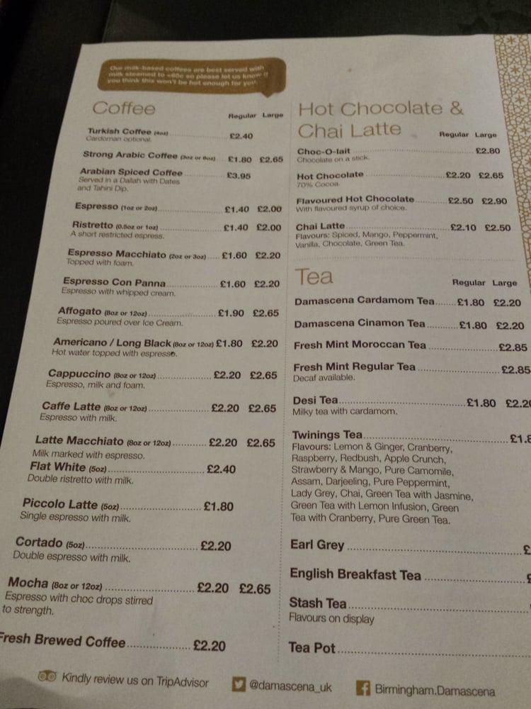 Menu at Damascena Moseley cafe, Birmingham, 133 Alcester Rd