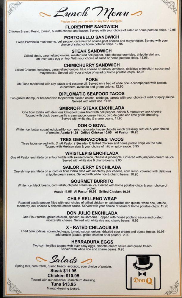 Menu at Don Q's steakhouse, Atascadero