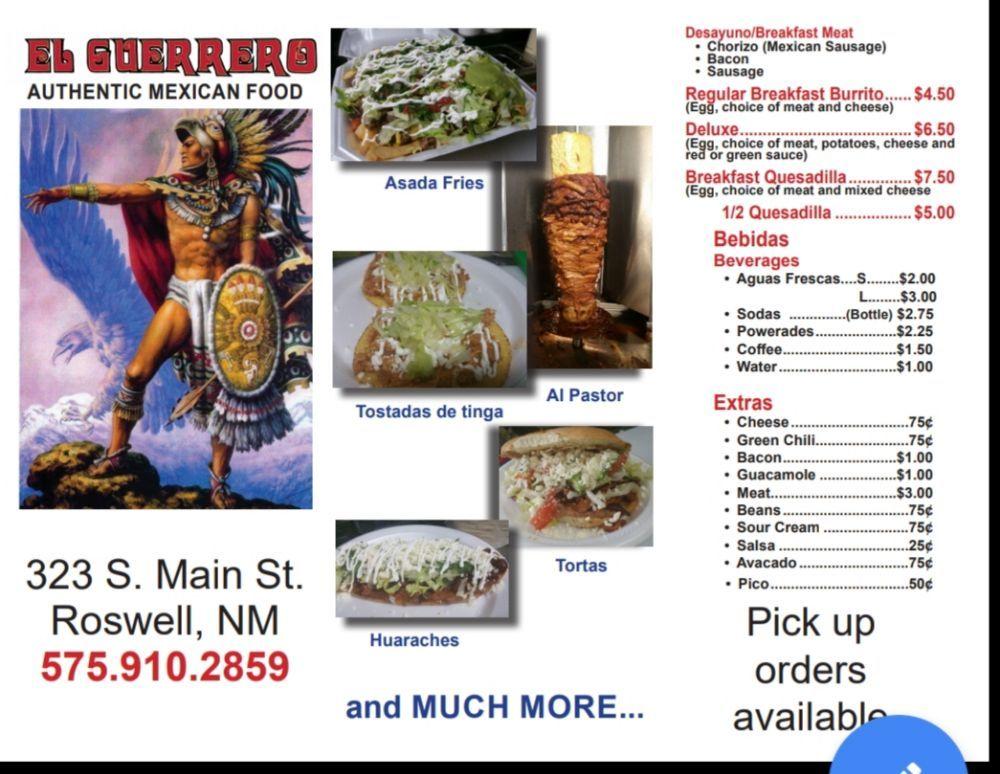 Menu at El Guerrero restaurant, Roswell, 711 South Main