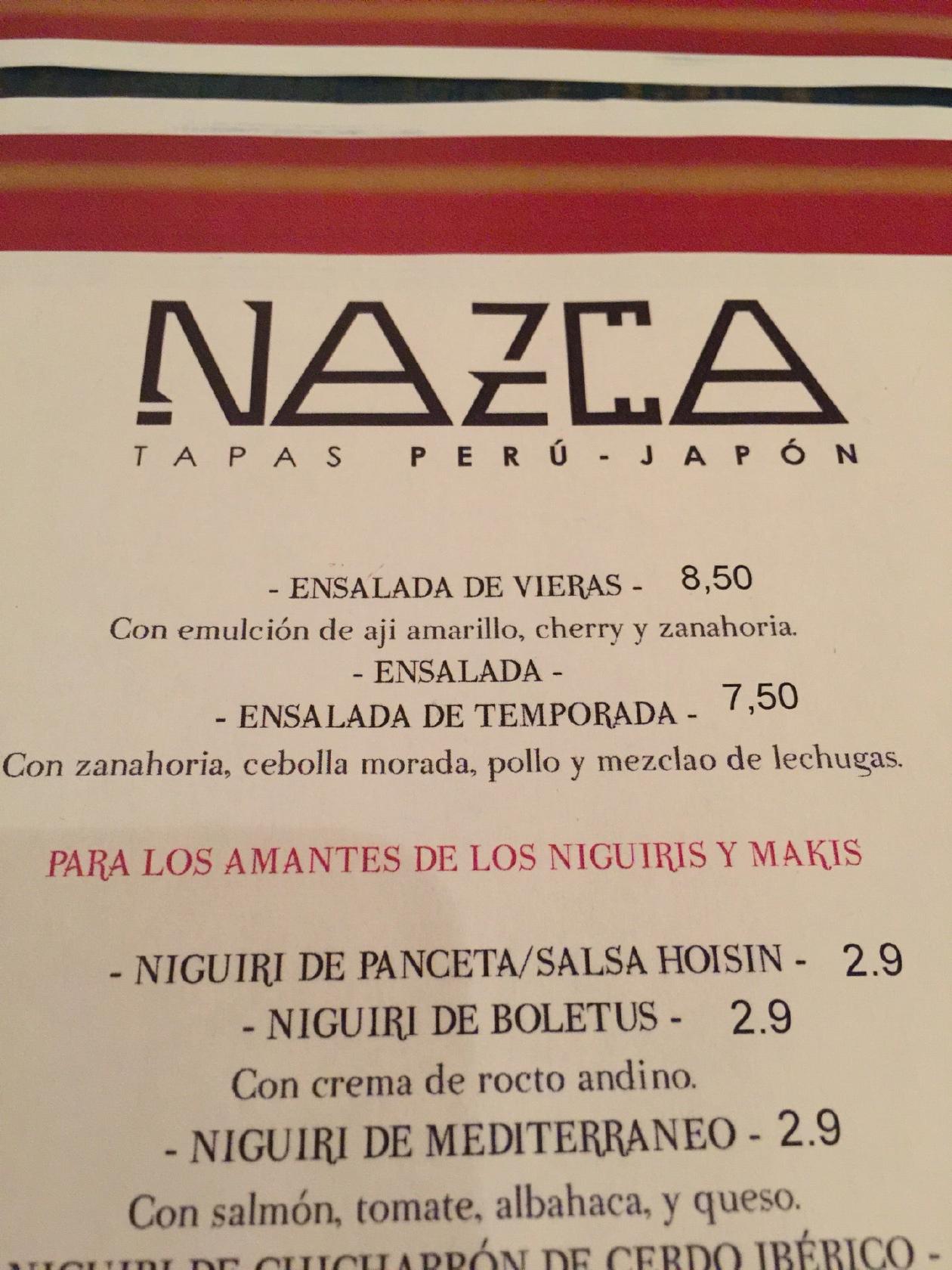 Carta del restaurante Nazca, Sevilla