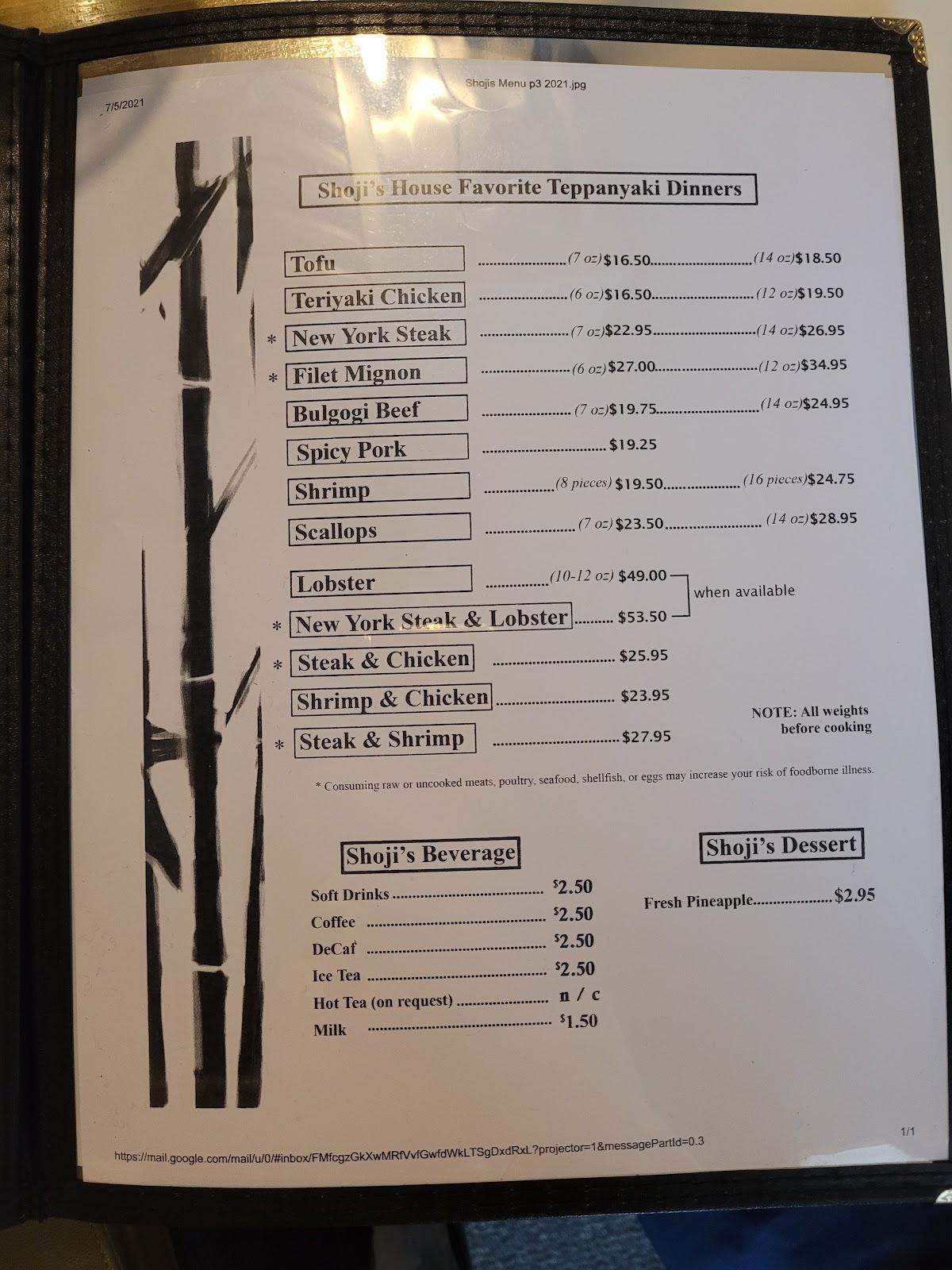 Menu at Shoji's restaurant, Medford, 2640 E Barnett Rd