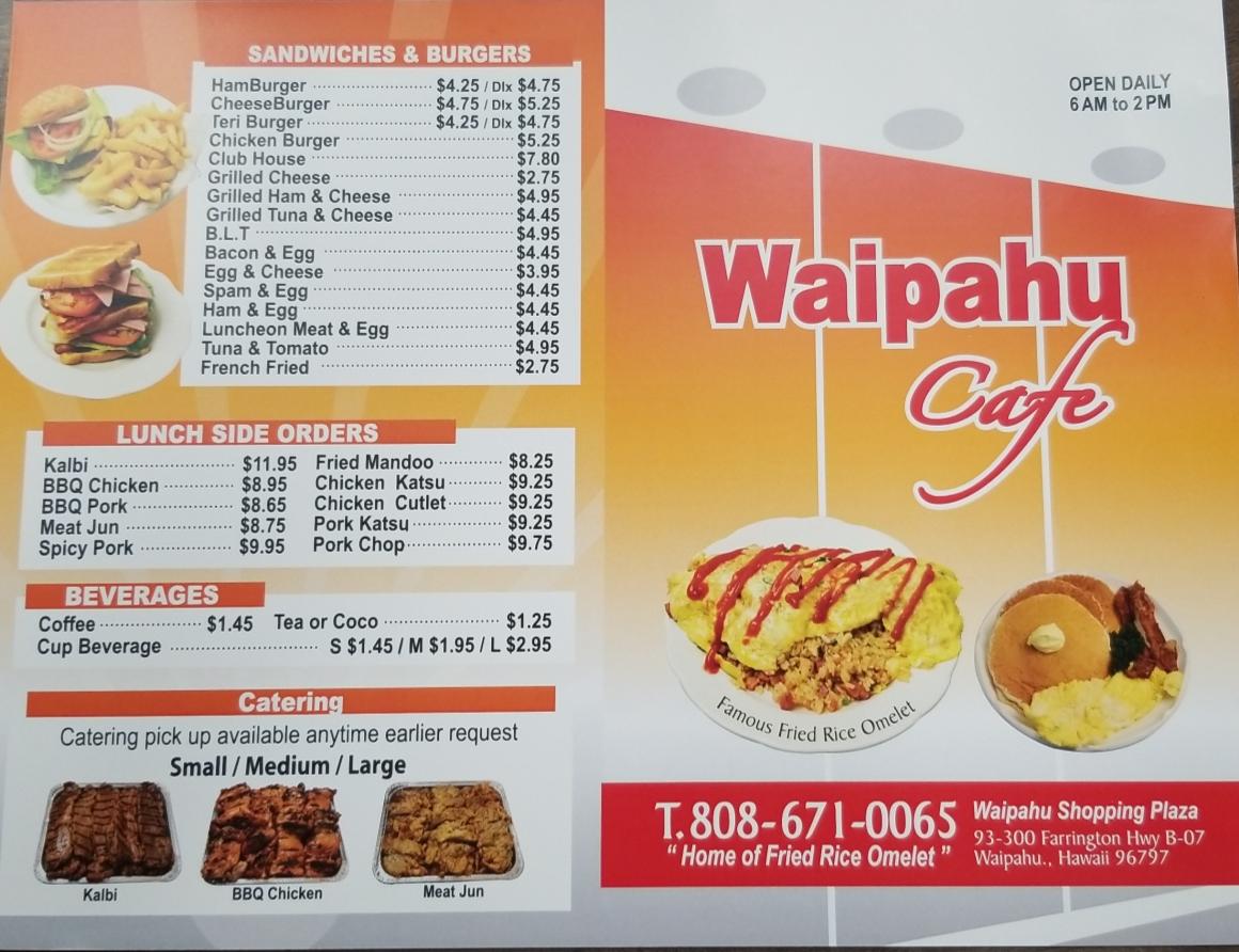 Menu at Waipahu cafe, Waipahu, 93-300 Farrington Hwy