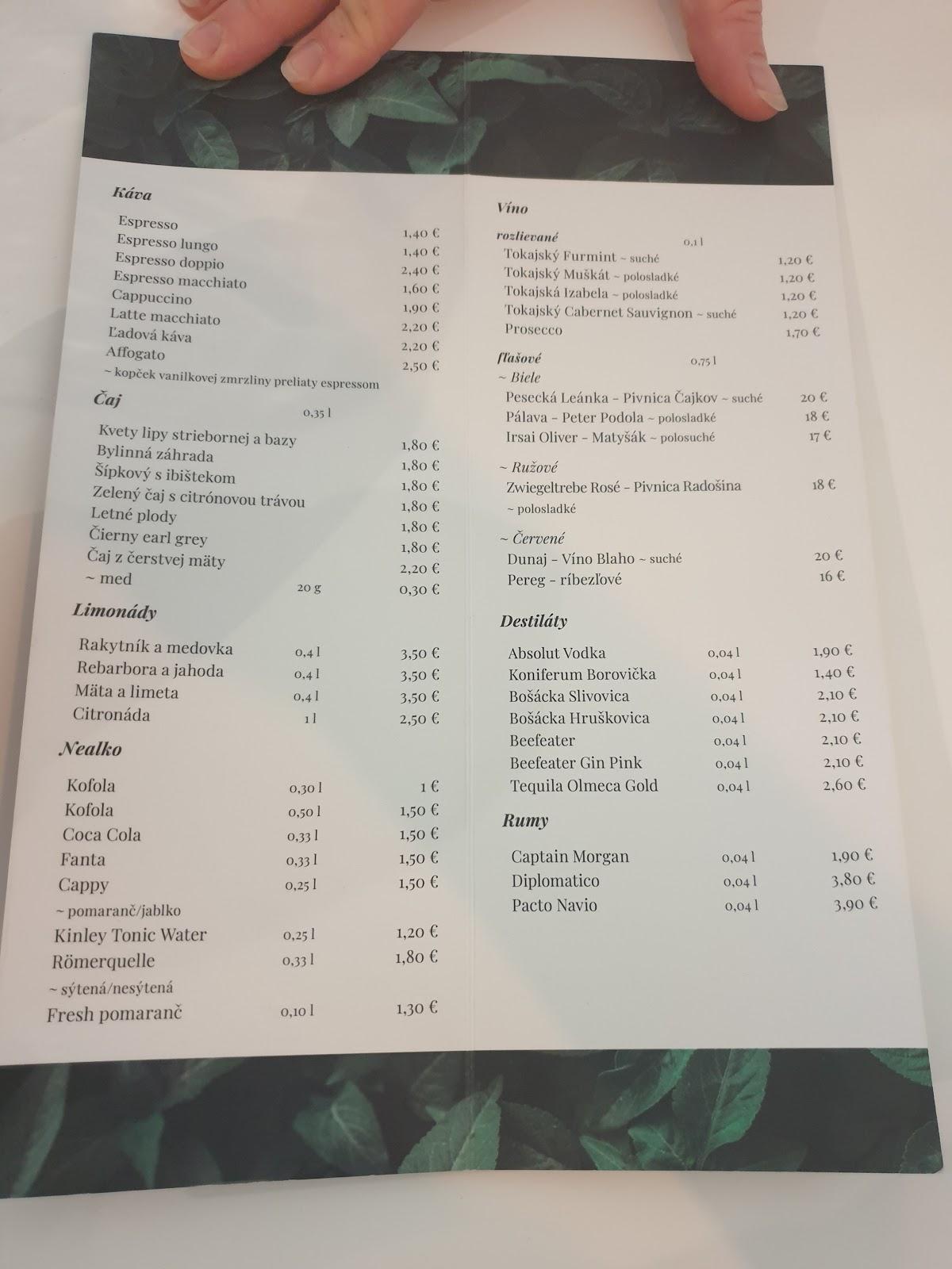 Menu at Botanica bistro restaurant, Dolný Kubín