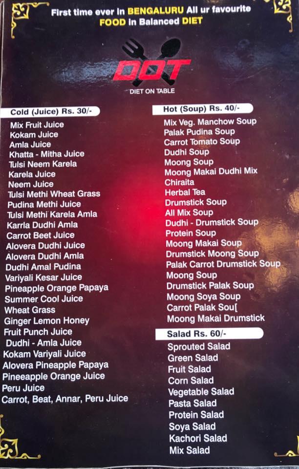Menu at Dot, Bengaluru