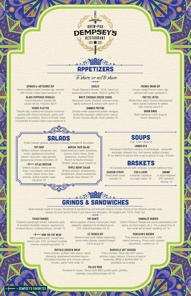 Menu at Dempsey's Brewery Restaurant & Pub, Watertown