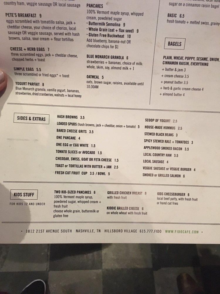 Menu at Fido cafe, Nashville