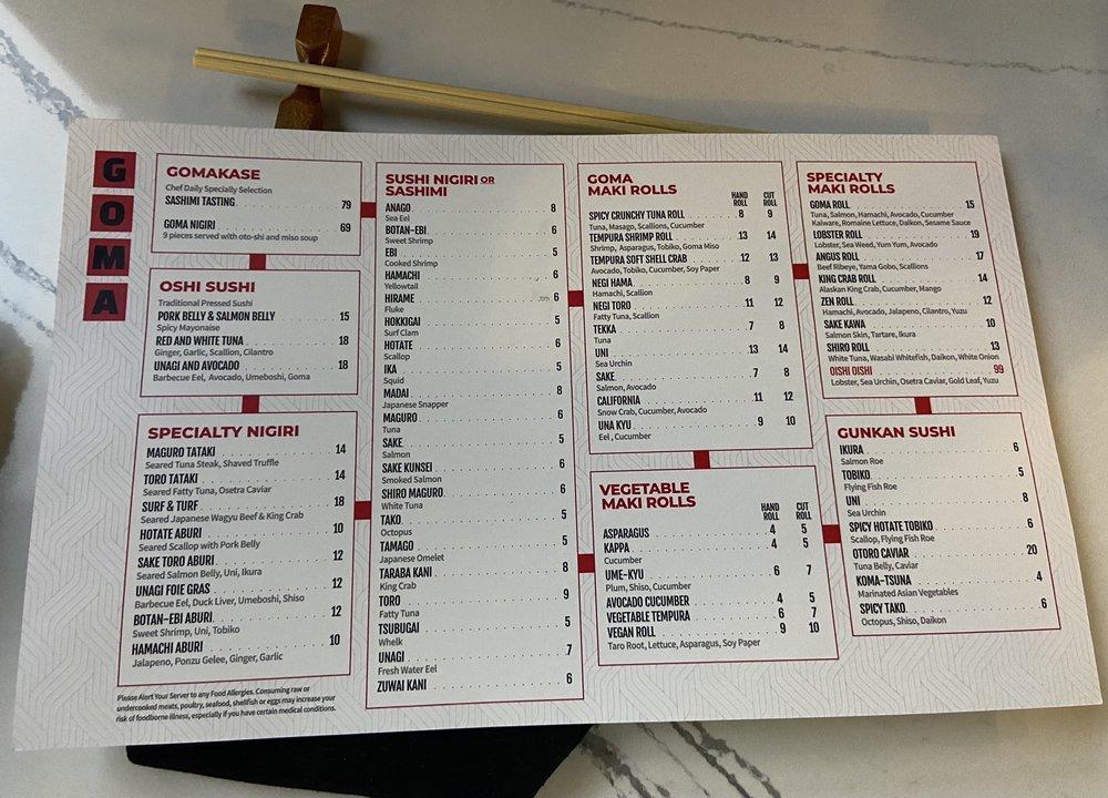 Menu at Goma restaurant, Cleveland
