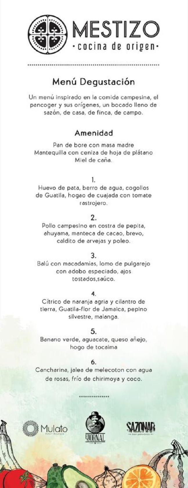 Menu at Mestizo Cocina De Origen restaurant, Mesitas del Colegio