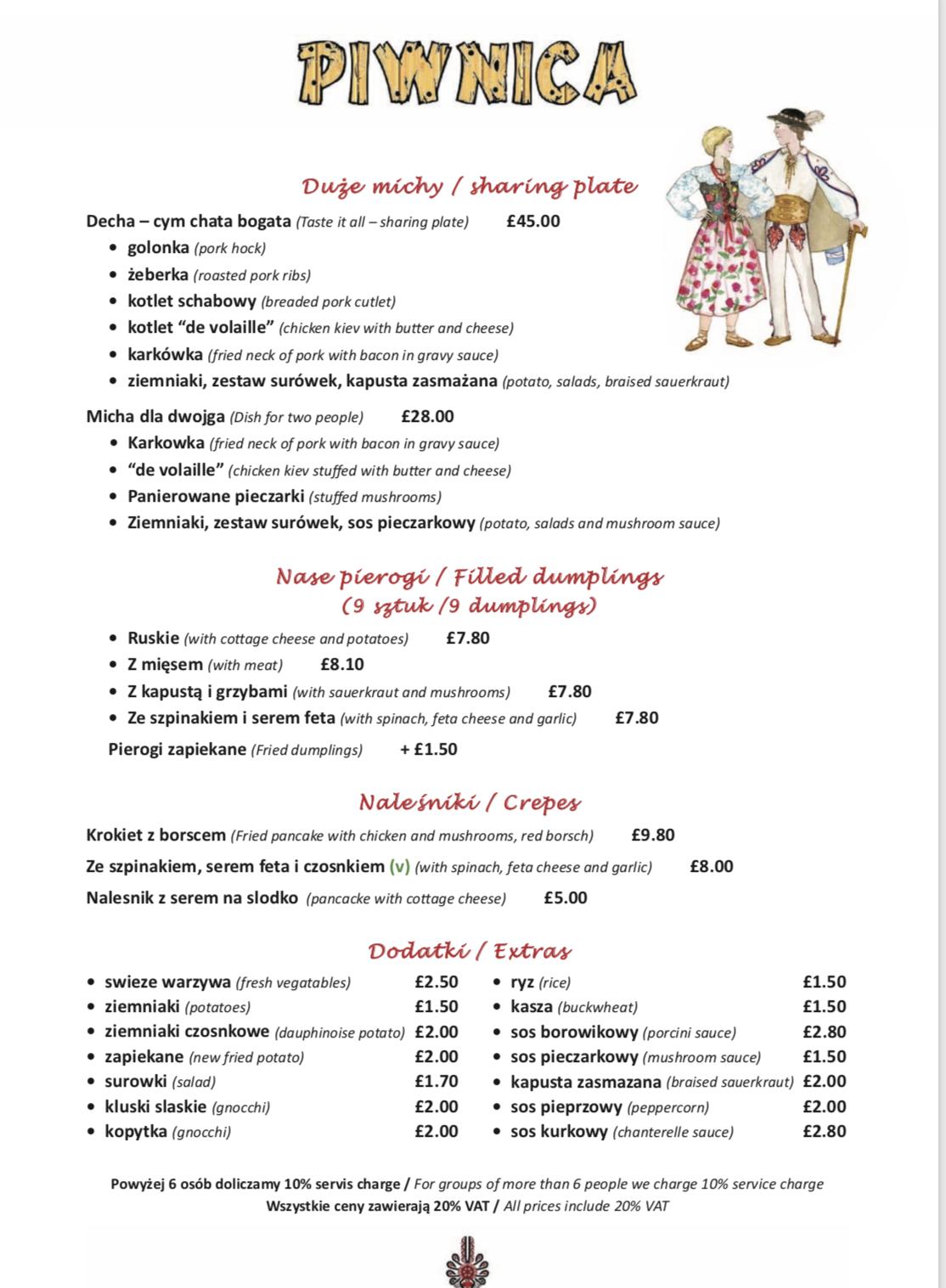 Menu at Piwnica Restaurant, Reading