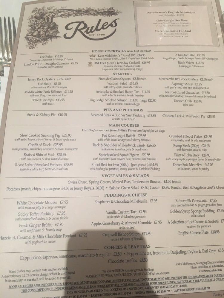 Menu at Rules pub & bar, London