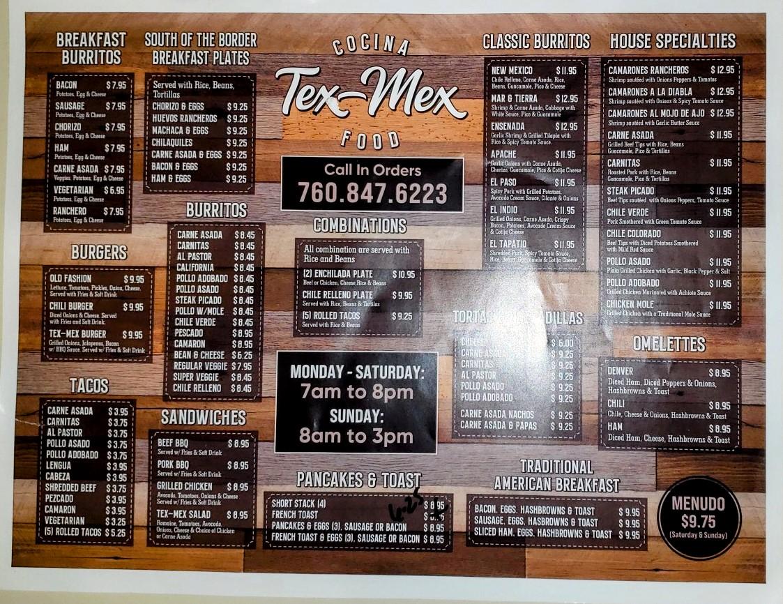 Menu at Tex Mex restaurant, Valley Center