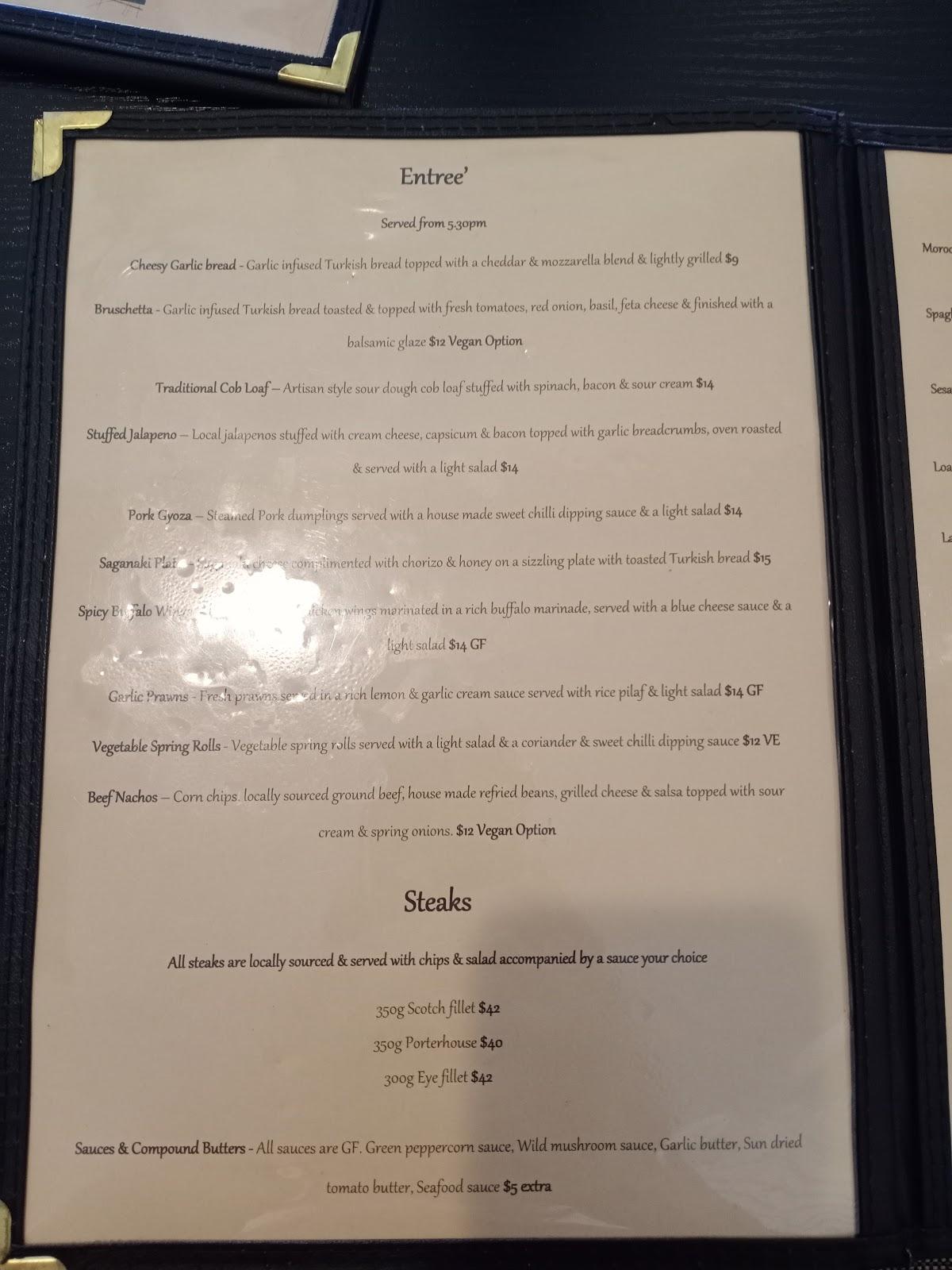 Menu at The Old Grain Store restaurant, Bairnsdale