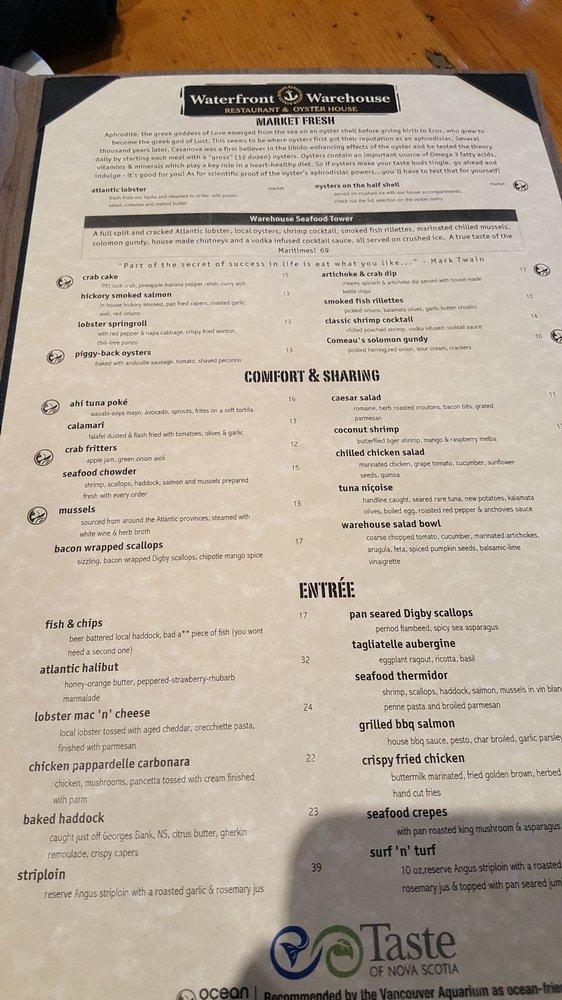 Menu at Waterfront Warehouse pub & bar, Halifax