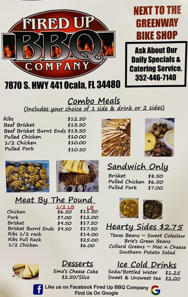 Menu at Fired Up BBQ company, Ocala