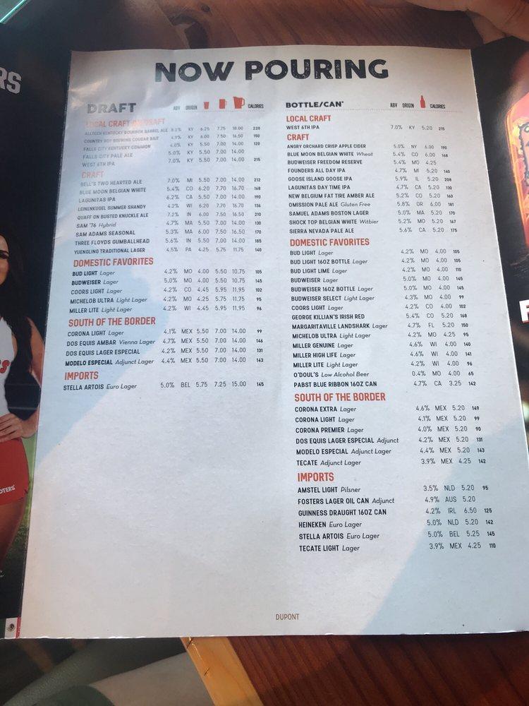 Menu at Hooters pub & bar, Louisville, Dutchman's Ln