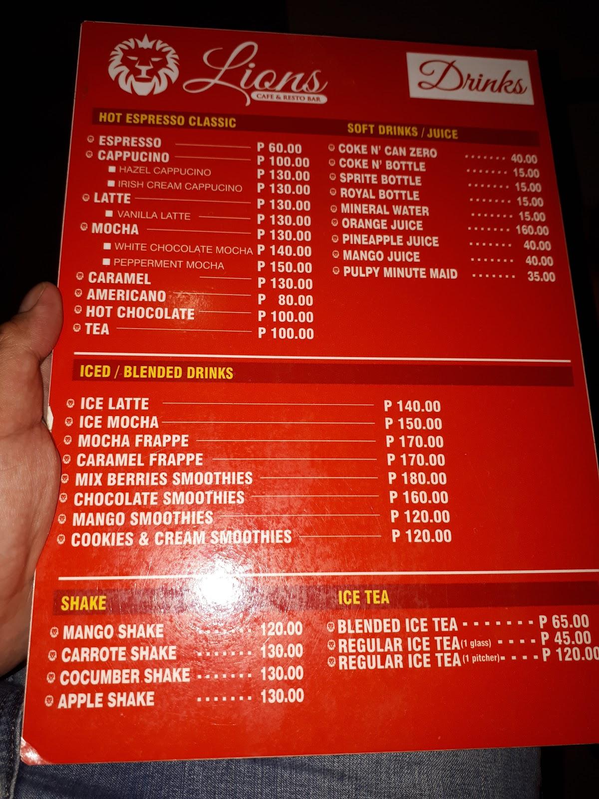 Menu at Lion's Cafe and Resto Bar, Tandag, 35GW+JRQ