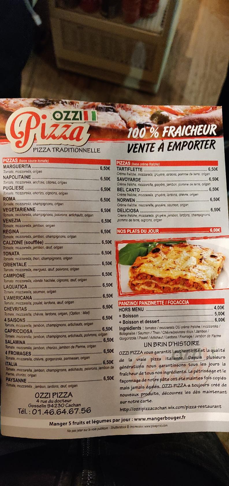 Menu au Ozzi Pizza restaurant, Cachan