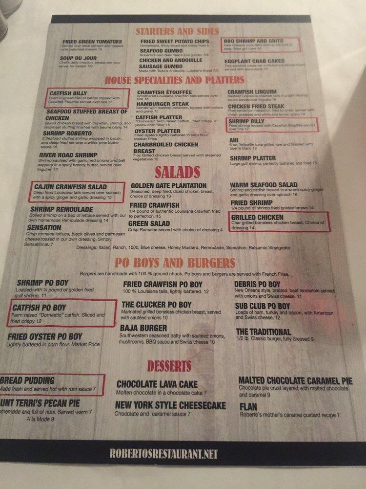 Menu at Roberto's River Road Restaurant, Sunshine