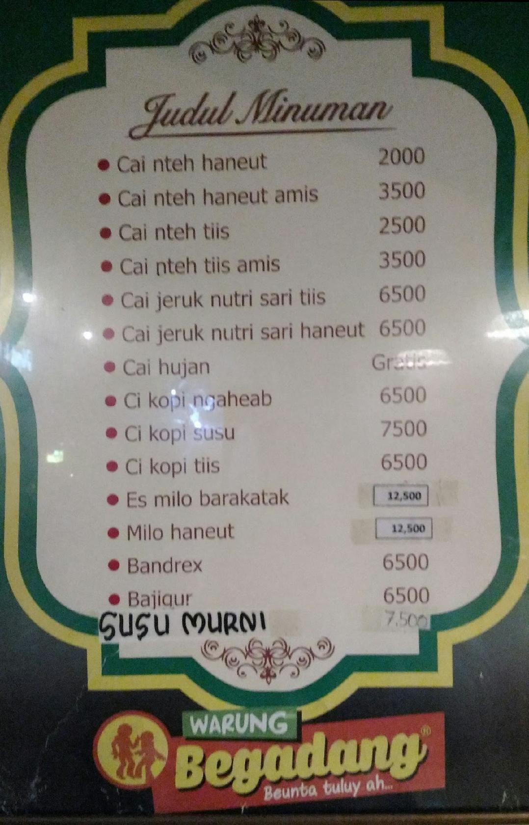 Menu at Warung Begadang restaurant, Bandung