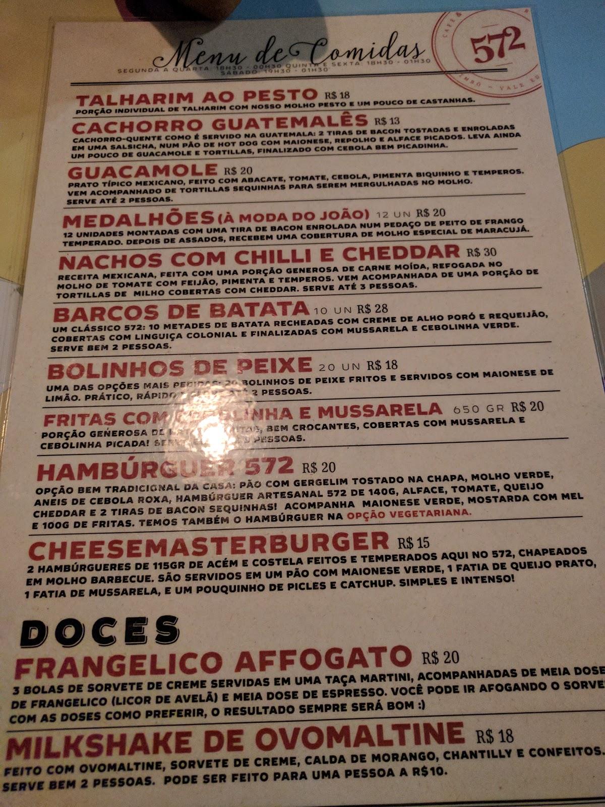 Menu at 572 Café & Cocktail Bar, Timbó, Av. Getúlio Vargas
