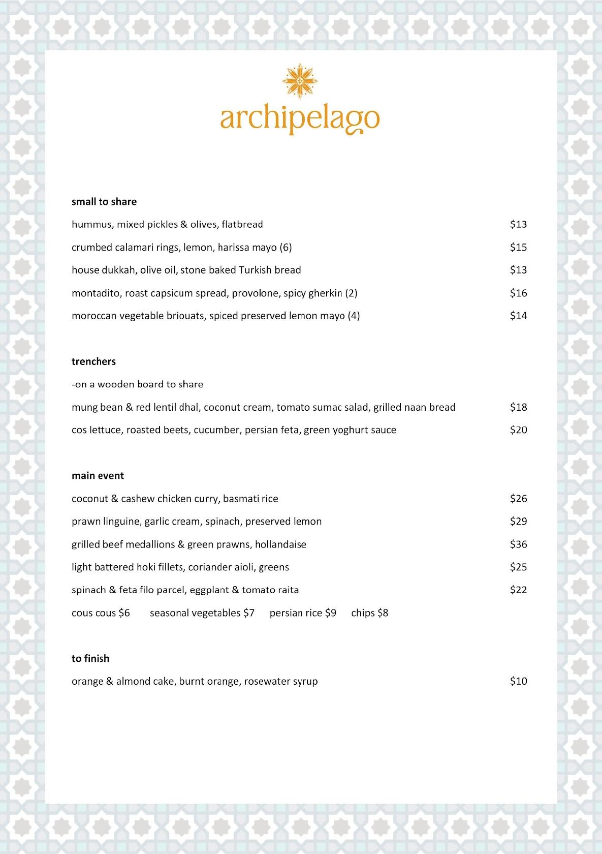 Menu at Archipelago restaurant, Merimbula