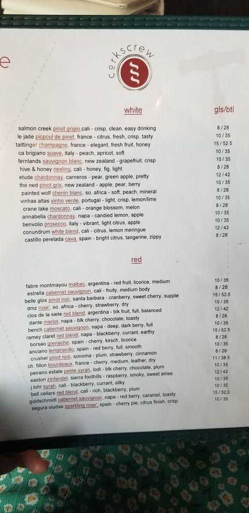 Menu at Corkscrew Wine Shop & Bar, Fort Mill