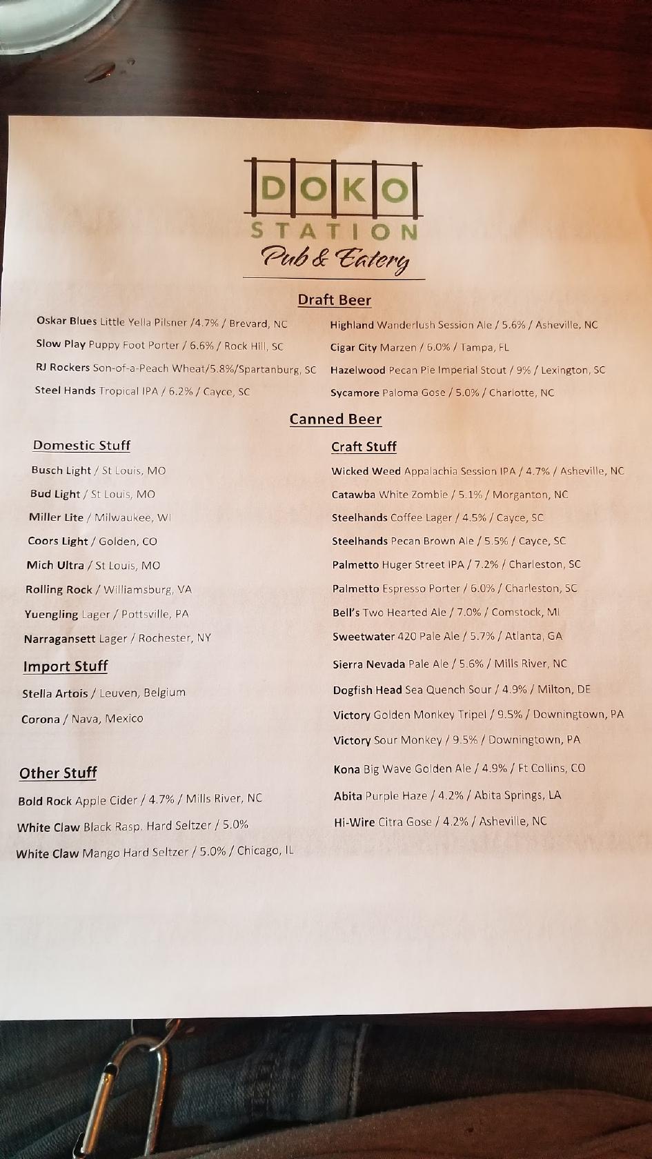 Menu at Doko Station Pub & Eatery, Blythewood, 11 Samuel Bookhart Ln