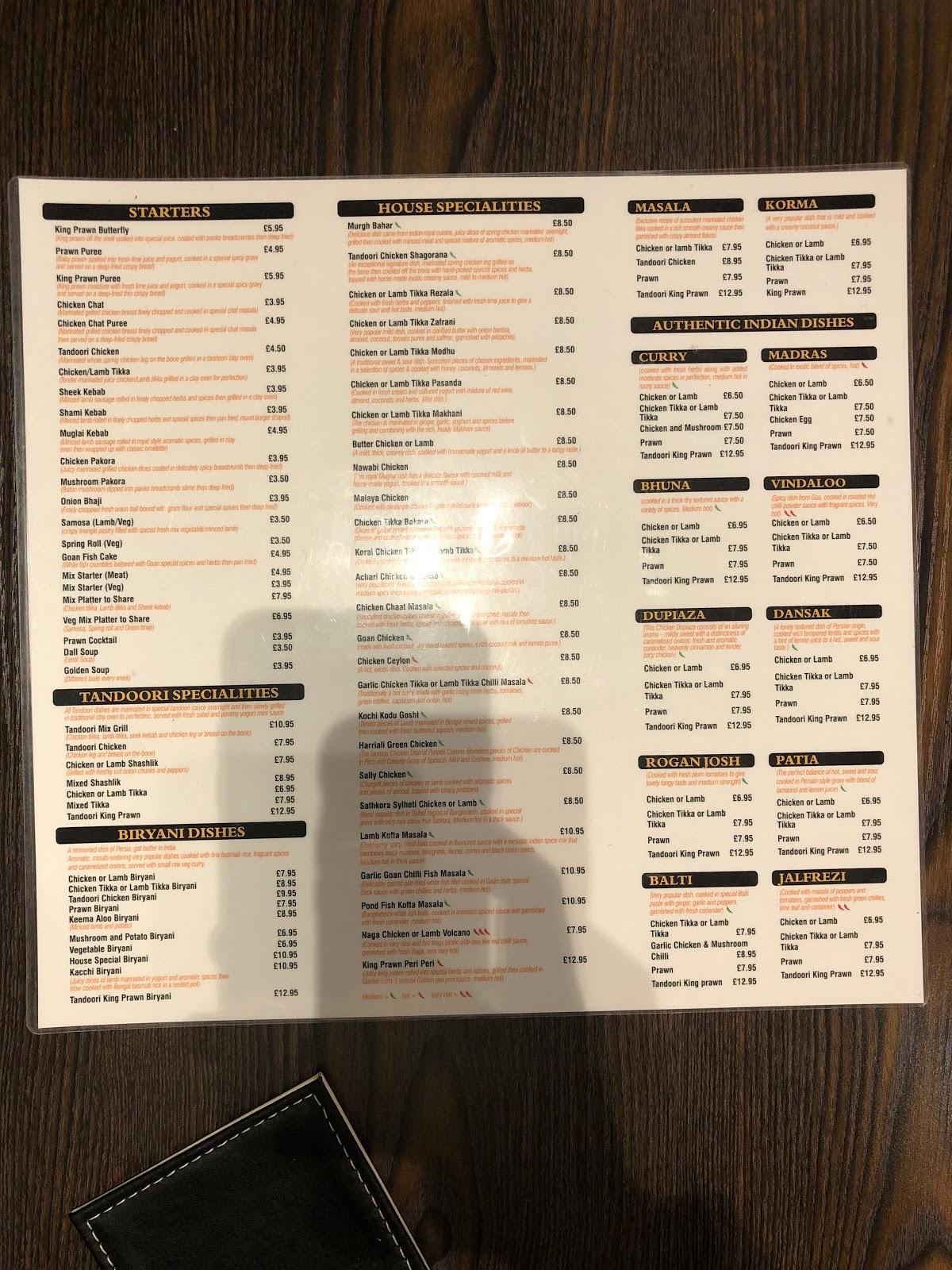 Menu at Golden Curry restaurant, Clacton-on-Sea
