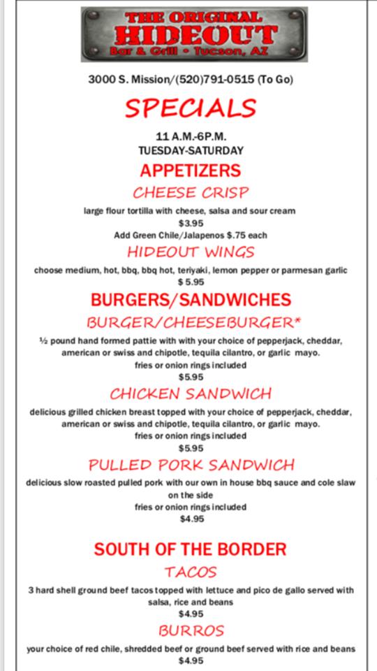 Menu at Hideout the Original pub & bar, Tucson, S Mission Rd