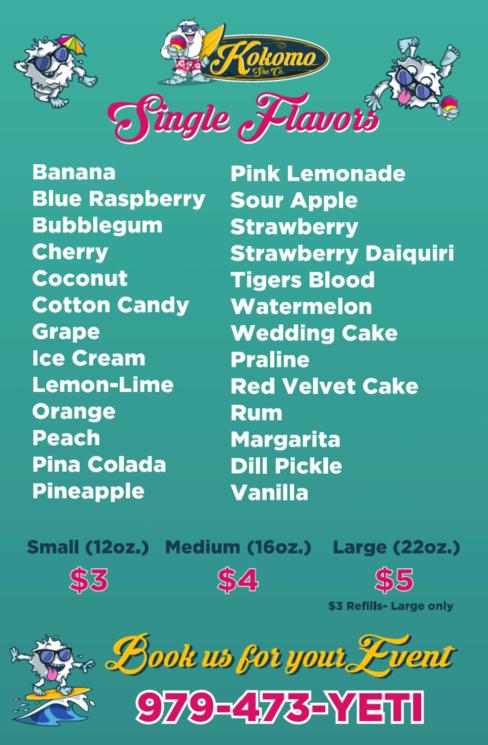 Menu at Kokomo Sno Co. Shaved Ice desserts, USA
