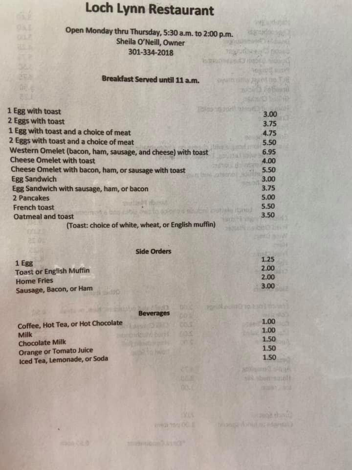 Menu at Loch Lynn Restaurant, Oakland, 1 E First Ave
