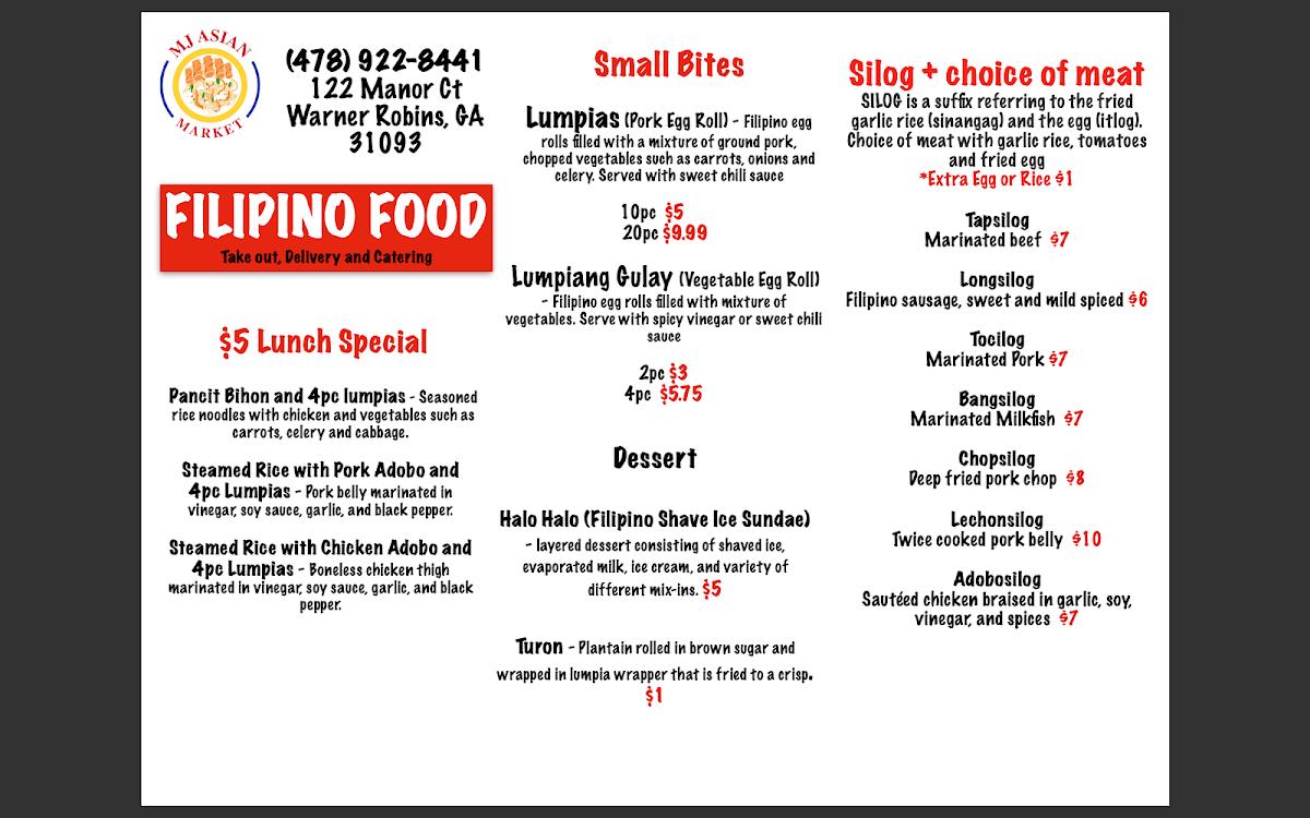 Menu at MJ Asian Market and Filipino Food restaurant, Warner Robins