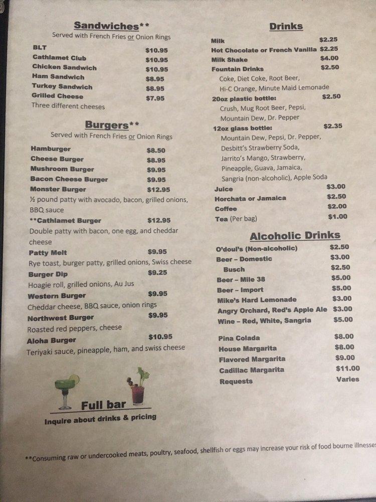 Menu at Maria's Place restaurant, Cathlamet