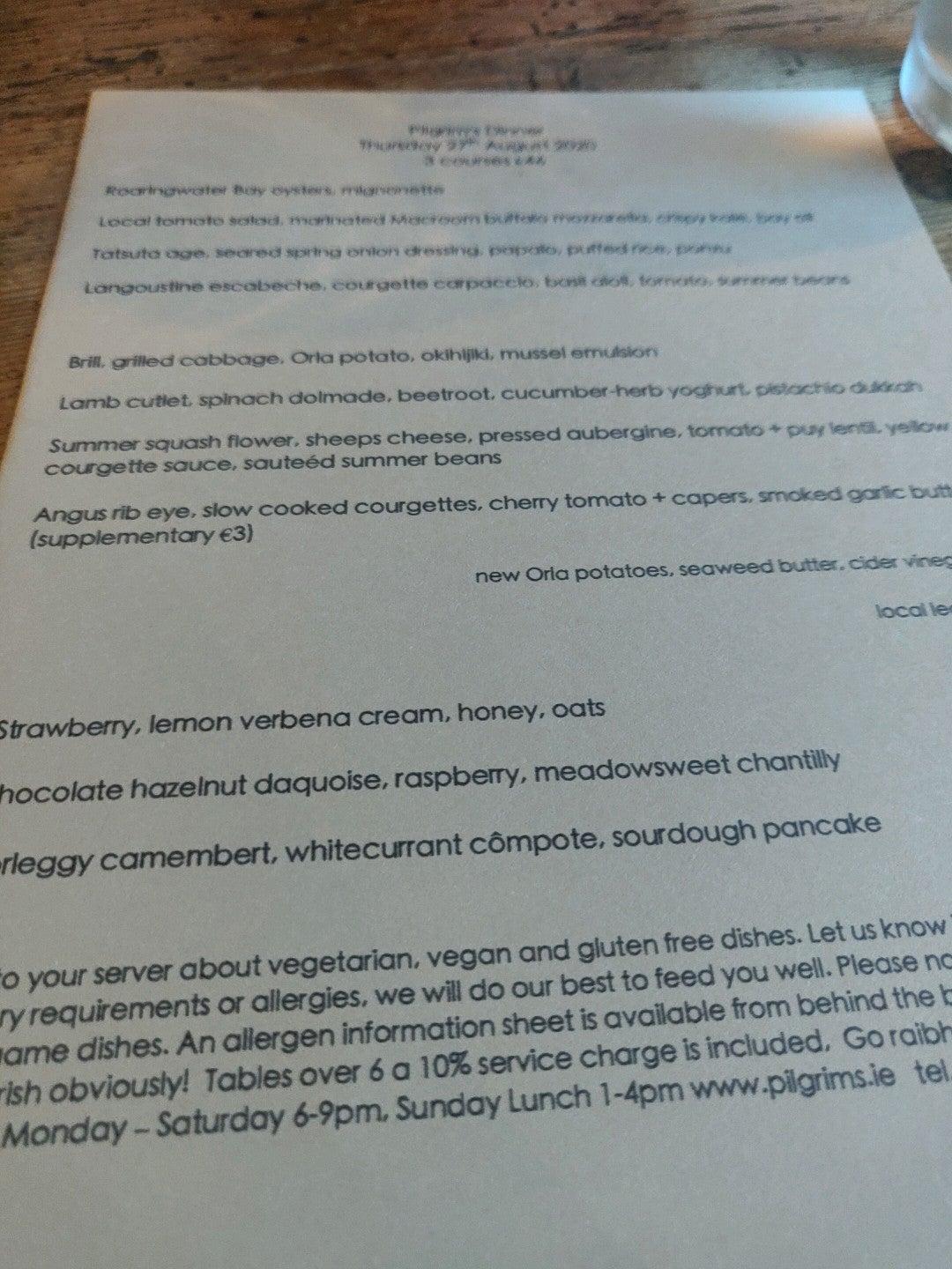 Menu at PILGRIM'S Restaurant, Rosscarbery