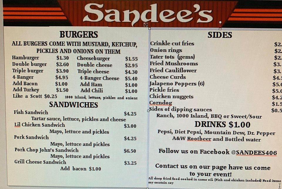 Menu at Sandee's Drive Inn fast food, Billings, S 27th St