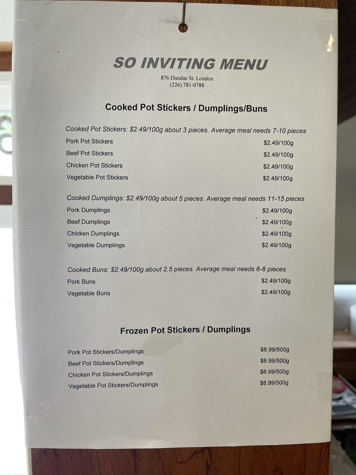 Menu at So Inviting restaurant, London