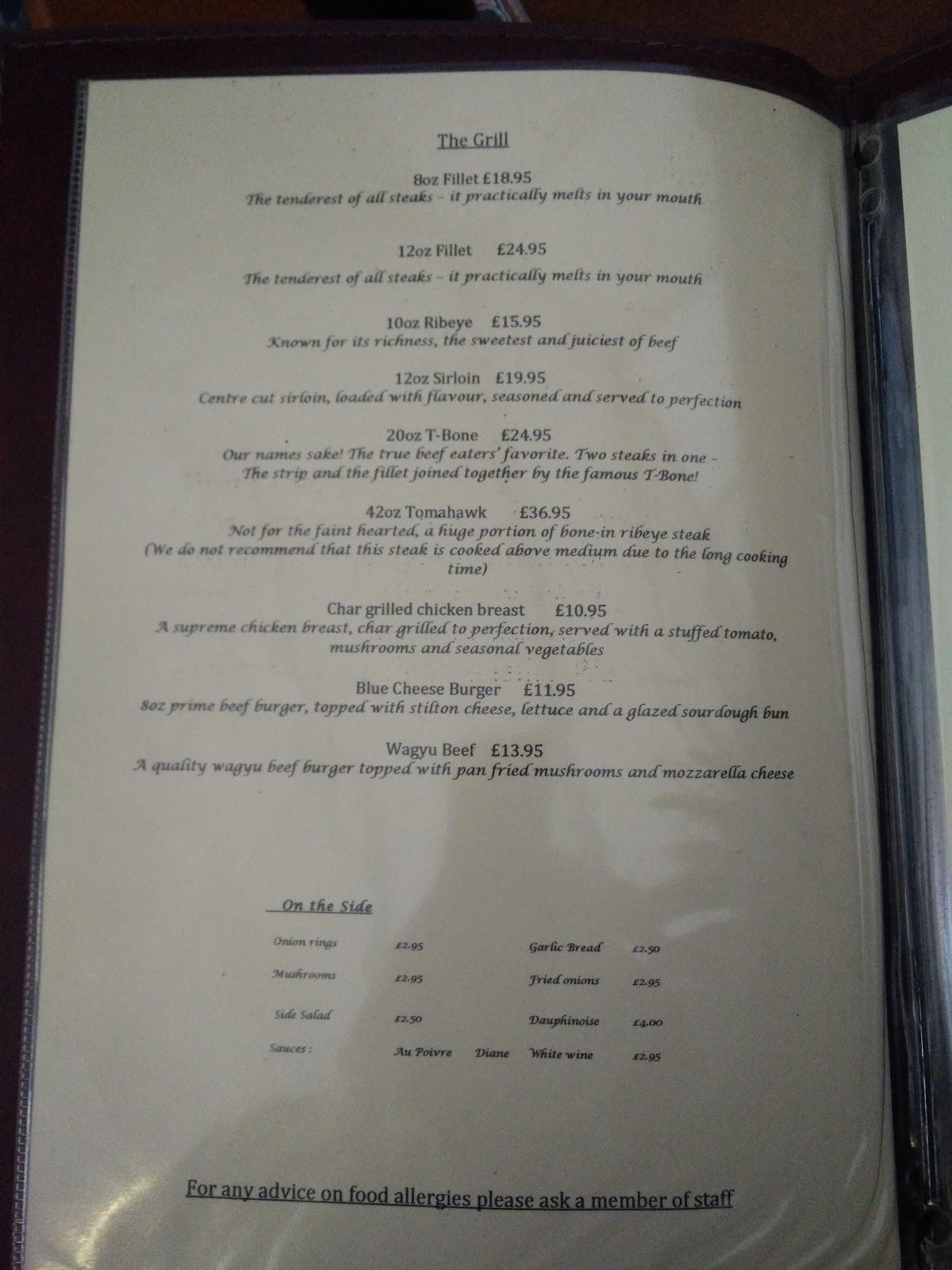 Menu at T Bones restaurant, Neath, Hawdref Ganol Farm