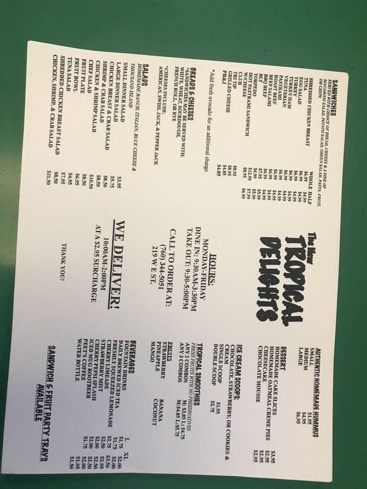 Menu at Tropical Delights desserts, Brawley