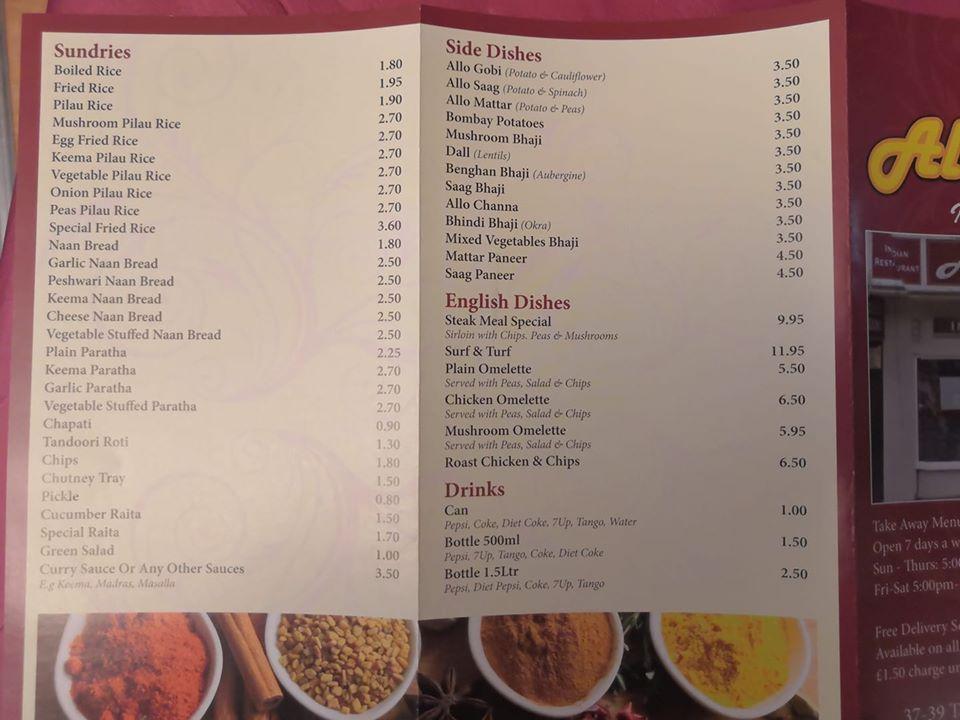 Menu at Al Amir restaurant, Blackpool
