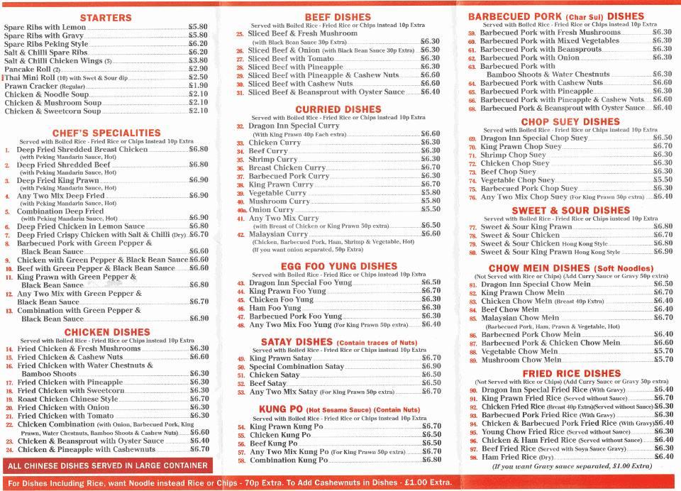 Menu at Dragon Inn fast food, Wishaw