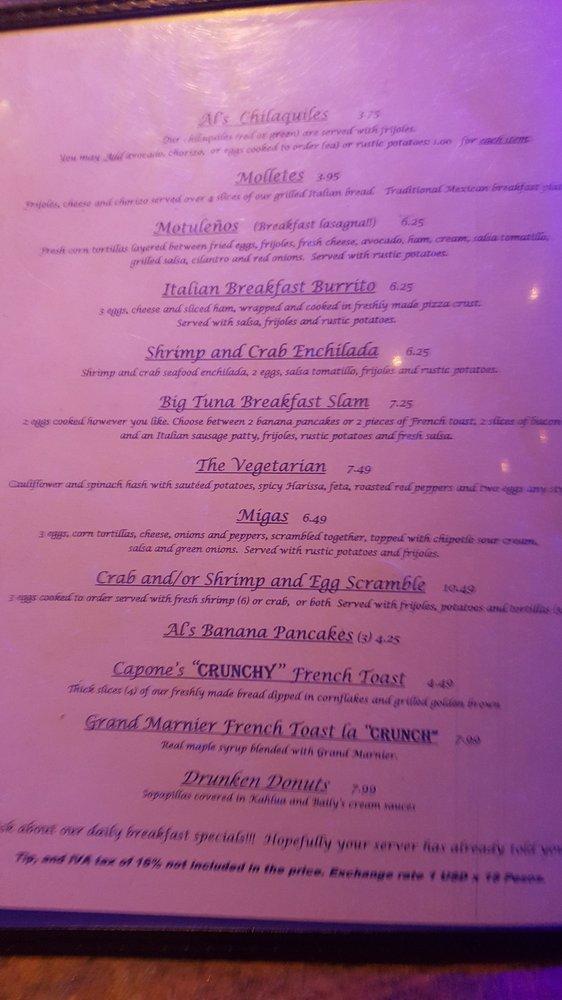 Menu at Al Capone's Seafood and Pizzeria, Puerto Peñasco
